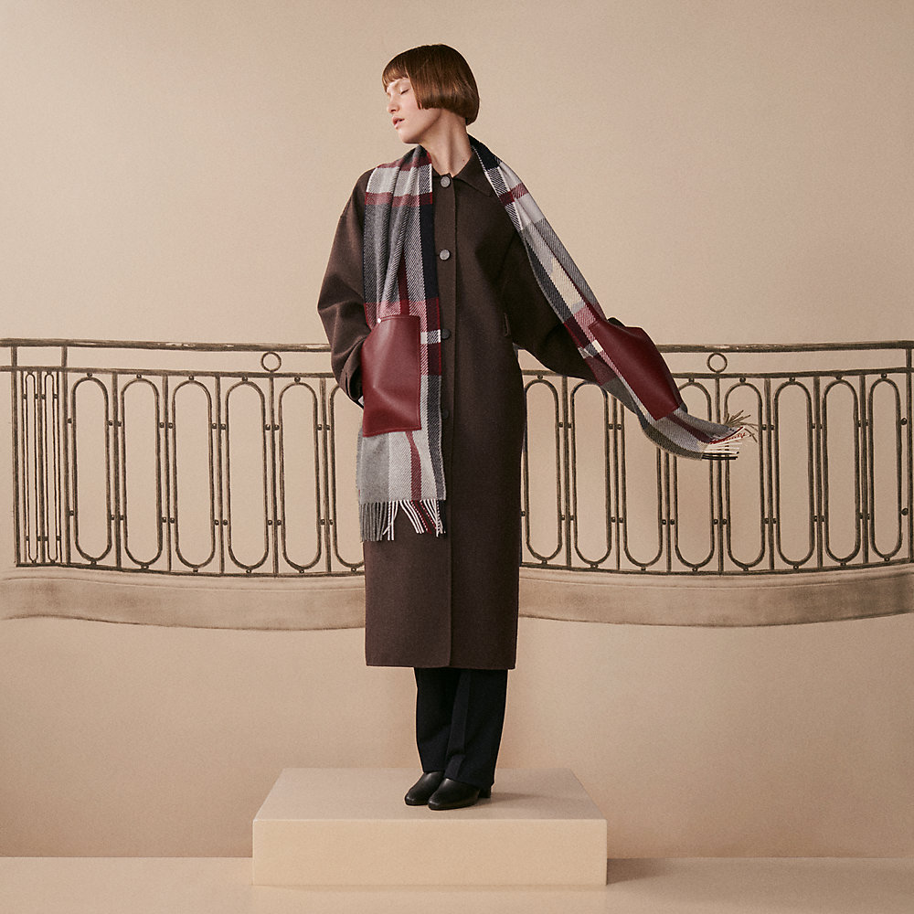 Bufanda Tartan Poches Cuir Appliquées - Gris | Hermès España